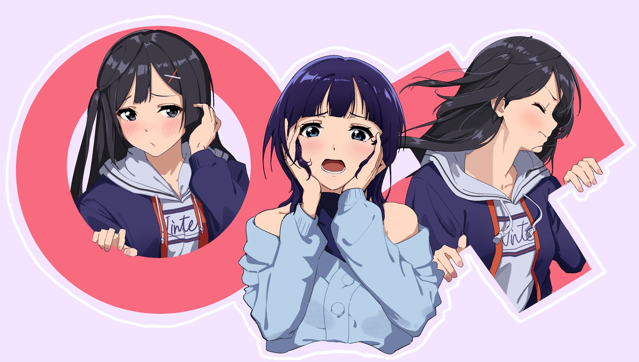 Safebooru - 0364p 2girls asaka karin black hair blue eyes blue hair blue hoodie blunt bangs ...