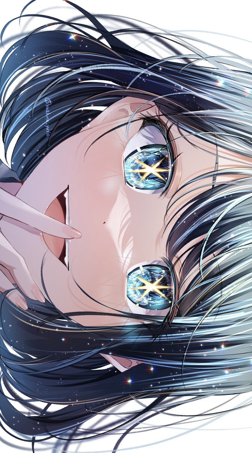 Safebooru - 1girl :d blue eyes blue hair chromatic aberration close-up finger to mouth floating ...
