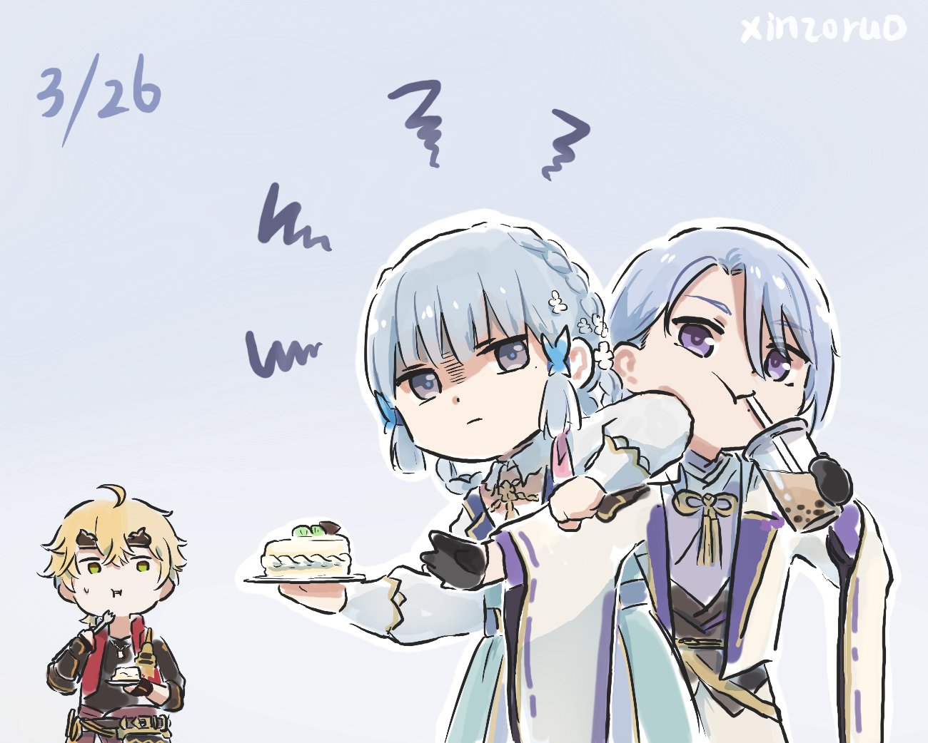 Safebooru - 1girl 2boys ahoge artist name blue background blue hair ...