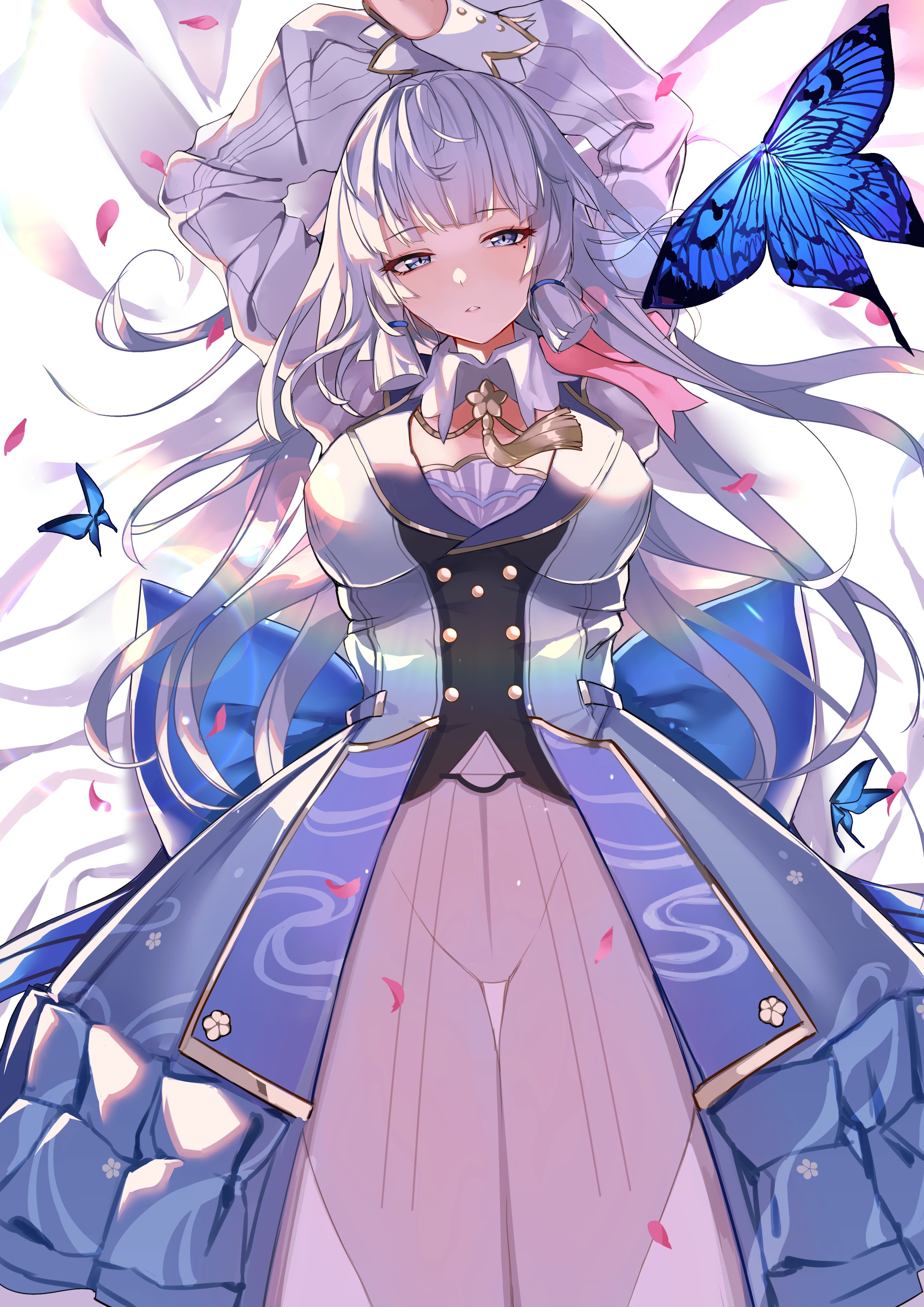 Safebooru - 1girl absurdres arms up blue butterfly blue dress blunt bangs blunt tresses blush ...