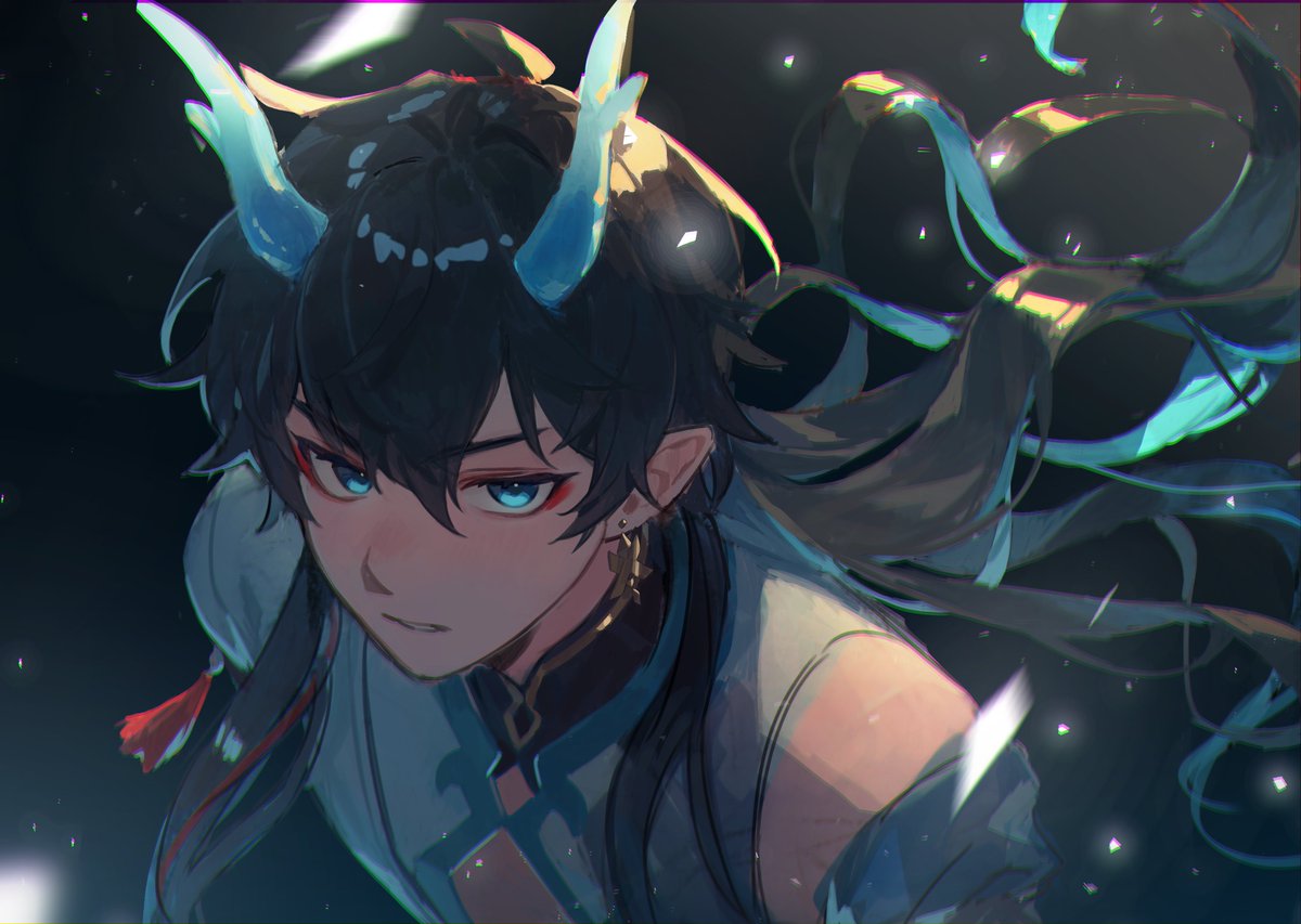 Safebooru - 1boy aqua eyes aqua hair black background black hair chinese clothes dan heng ...