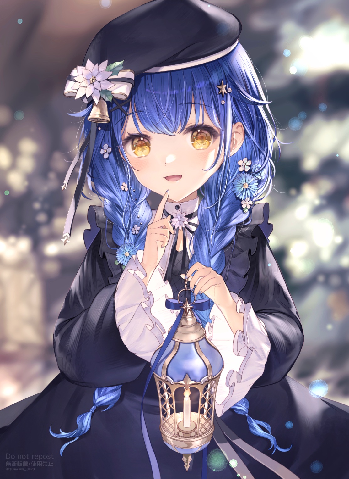 Safebooru - 1girl amamiya kokoro bell beret black dress black headwear black ribbon blue hair ...