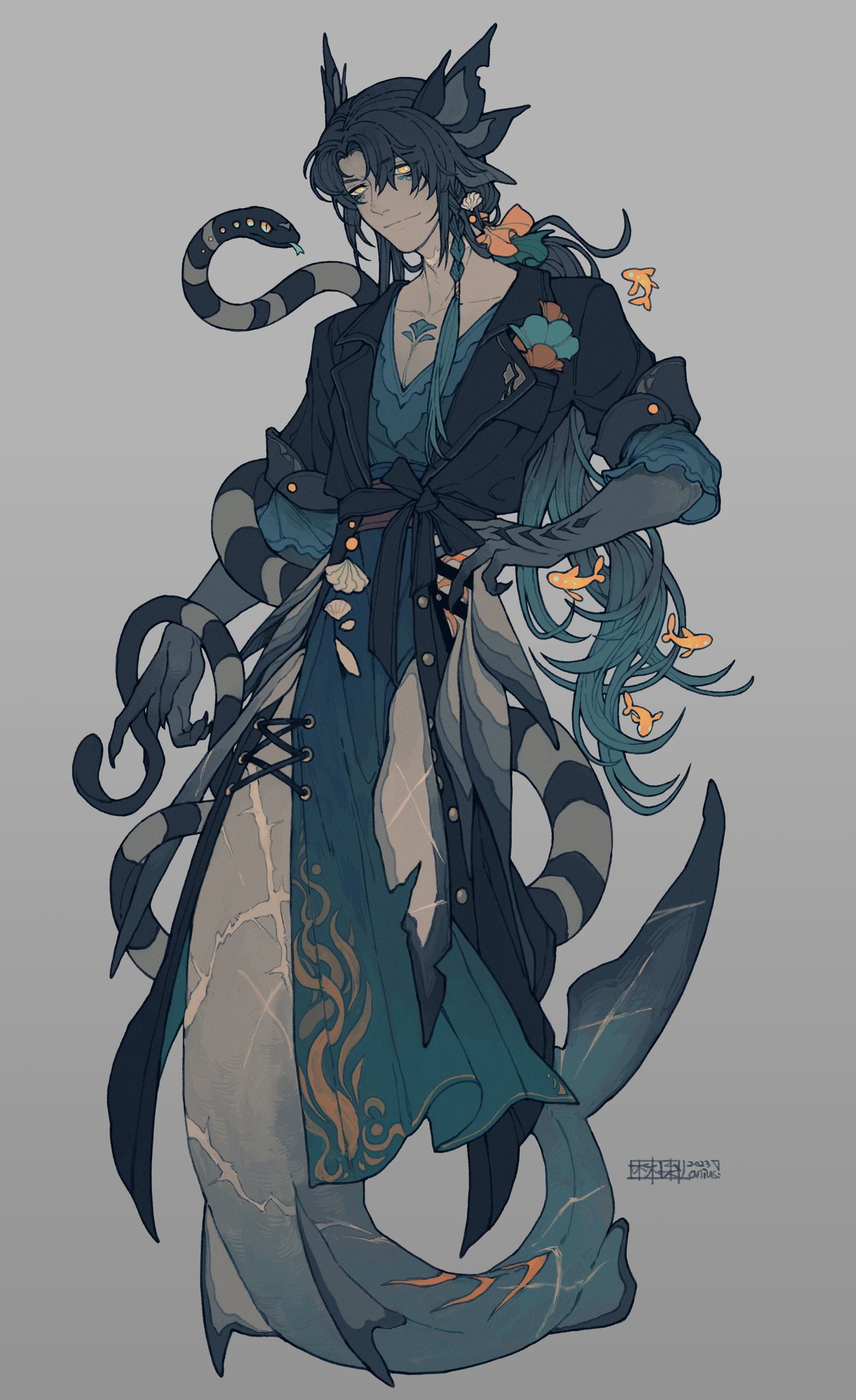 Safebooru - 1boy animal artist name blue coat blue hair blue sclera ...