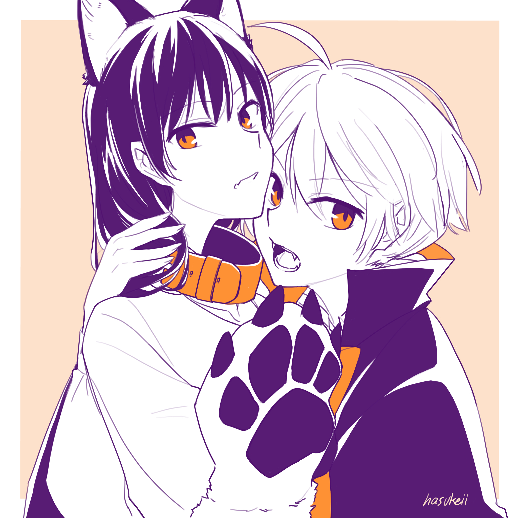 Safebooru - 2girls ahoge animal ears animal hands artist name border ...