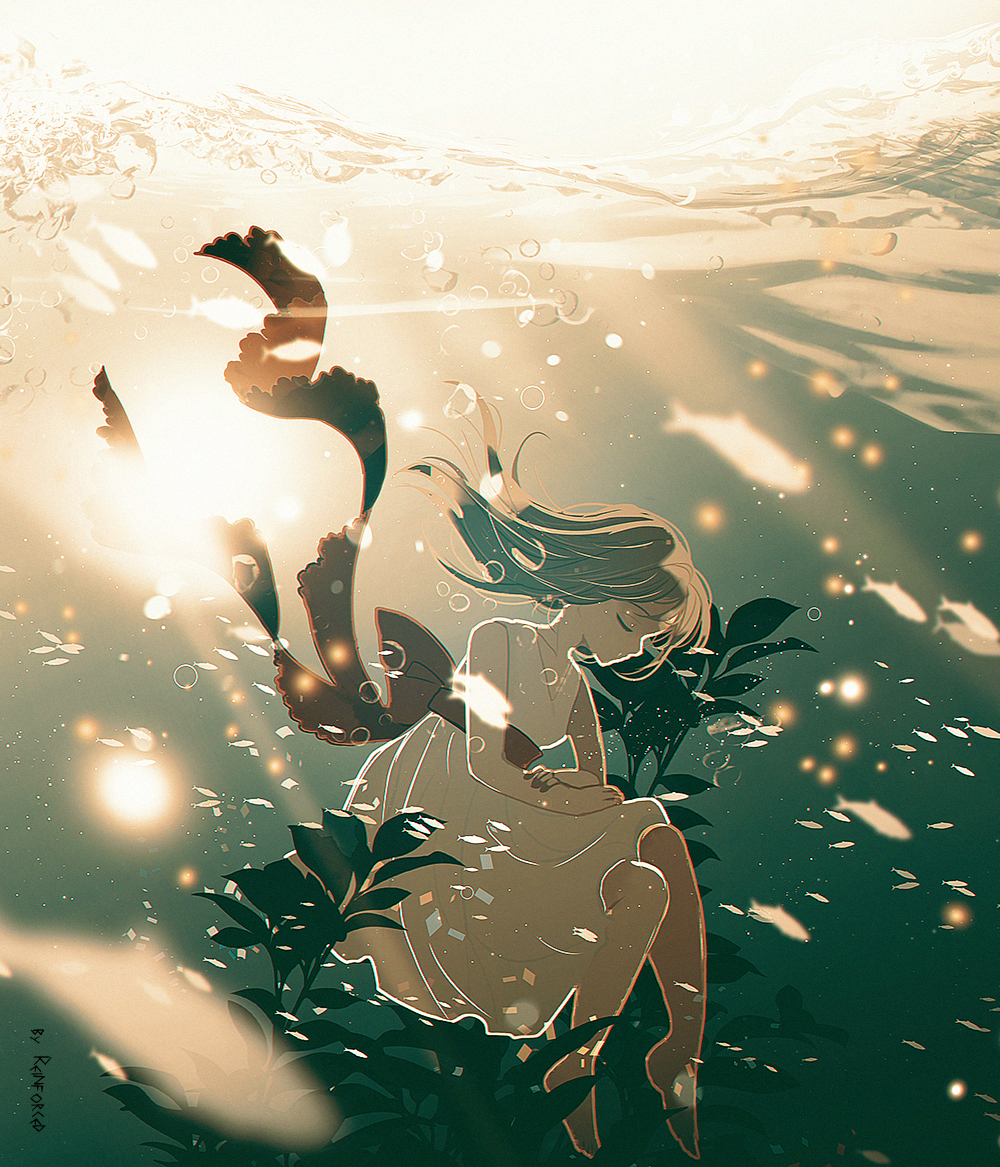 Safebooru 1girl Air Bubble Artist Name Bare Shoulders Barefoot Bow 7654