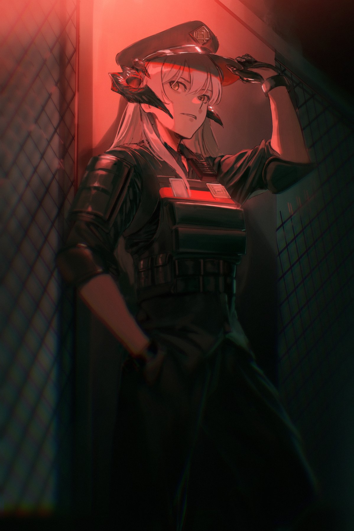 Safebooru - 1girl arknights arm up black gloves black headwear black pants black shirt brown ...