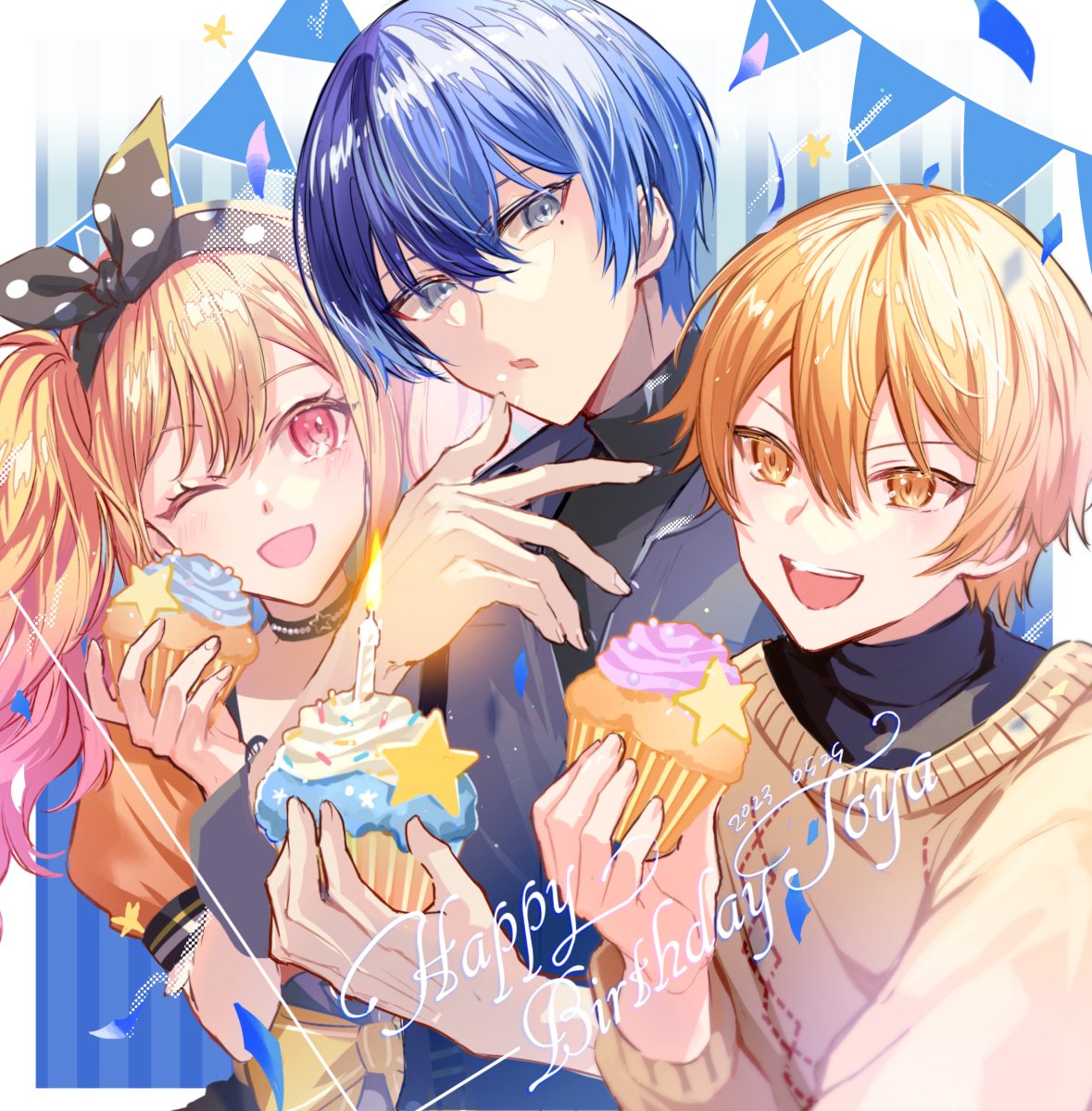 Safebooru - 1girl 2boys aoyagi touya black shirt blonde hair blue hair brother and sister candle ...