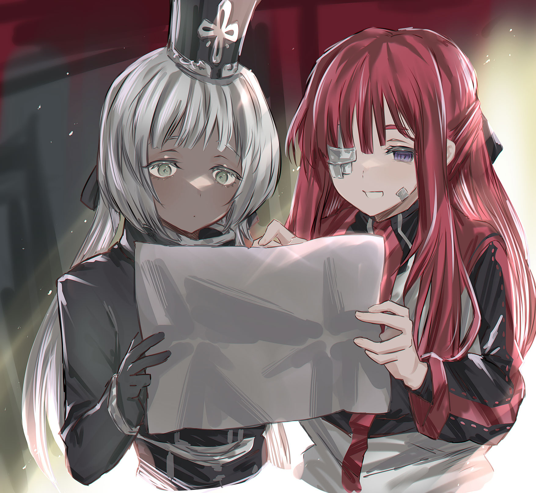 Safebooru - 2girls bandage on face bandage over one eye bandages black bow black gloves blunt ...