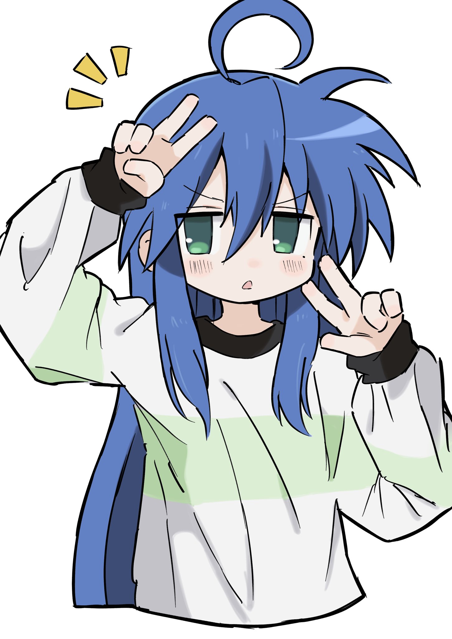 Safebooru - 1girl ahoge alternate costume arms up blue hair blush stickers cropped torso double ...