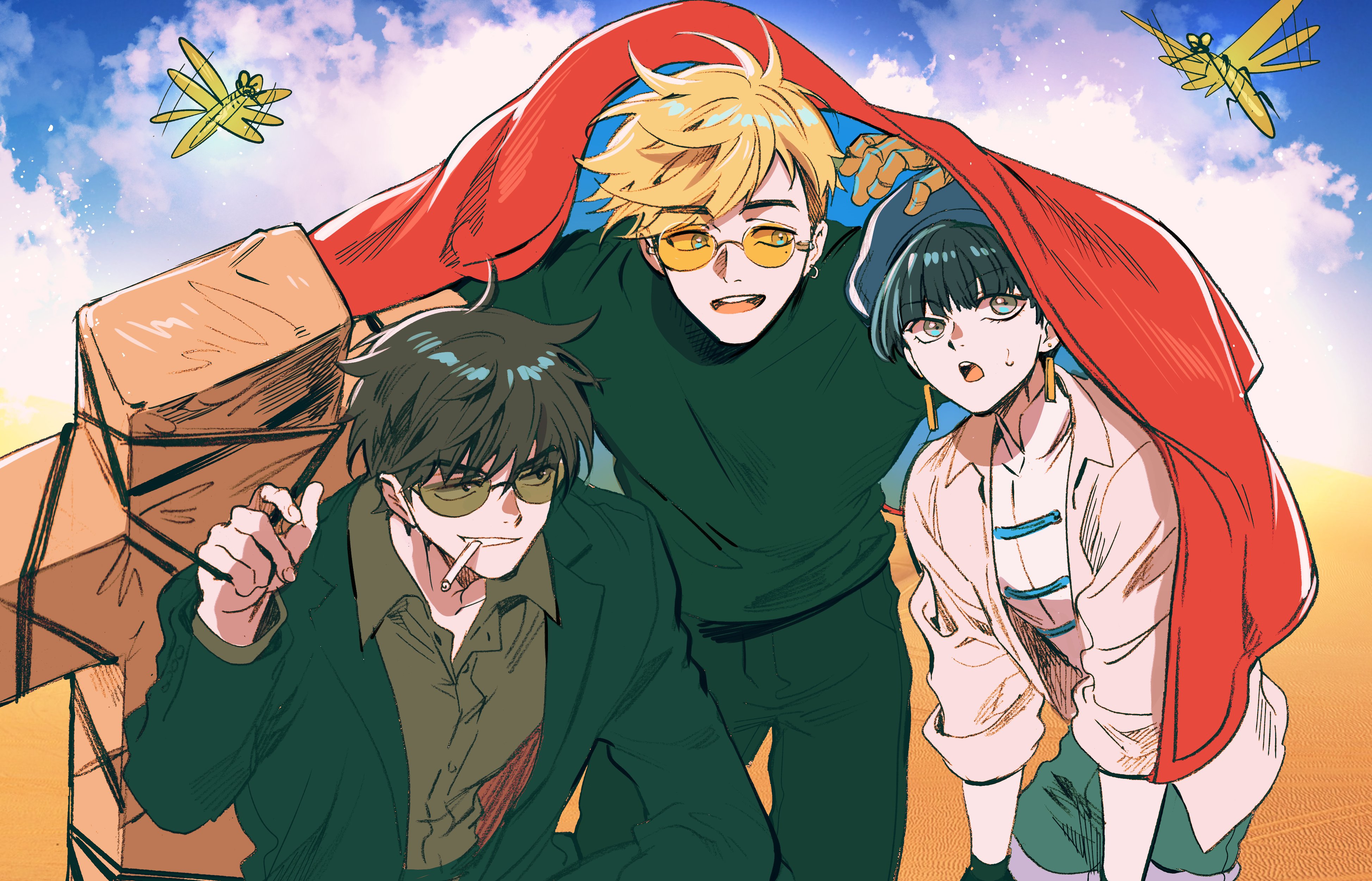 Safebooru - 1girl 2boys 302 absurdres arm up black hair black jacket black pants black shirt ...