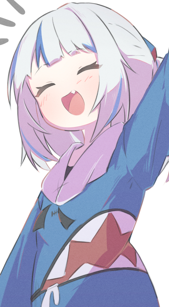 Safebooru - 1girl :d arm up blue hair blue hoodie blunt bangs blush closed eyes facing viewer ...