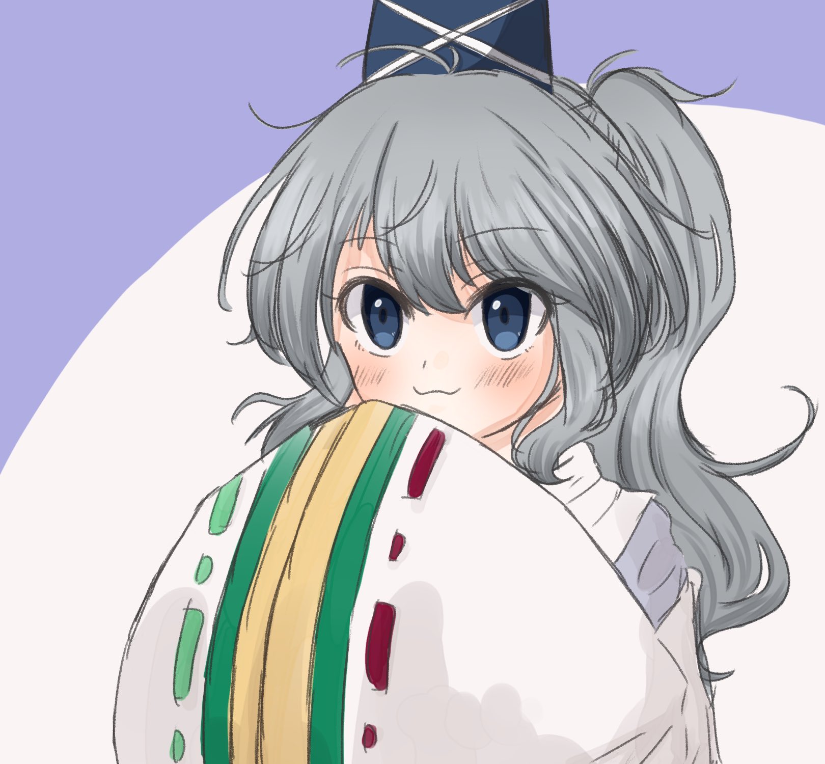 Safebooru - 1girl :3 blue background blue eyes blue headwear closed mouth commentary grey hair ...