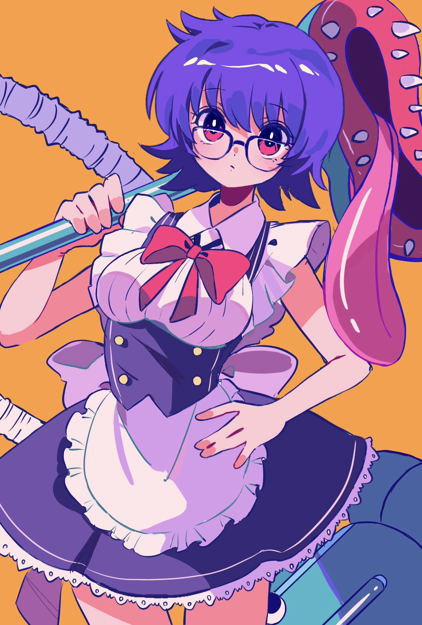 Safebooru - 1girl apron black-framed eyewear black hair bow cowboy shot glasses hand on own hip ...