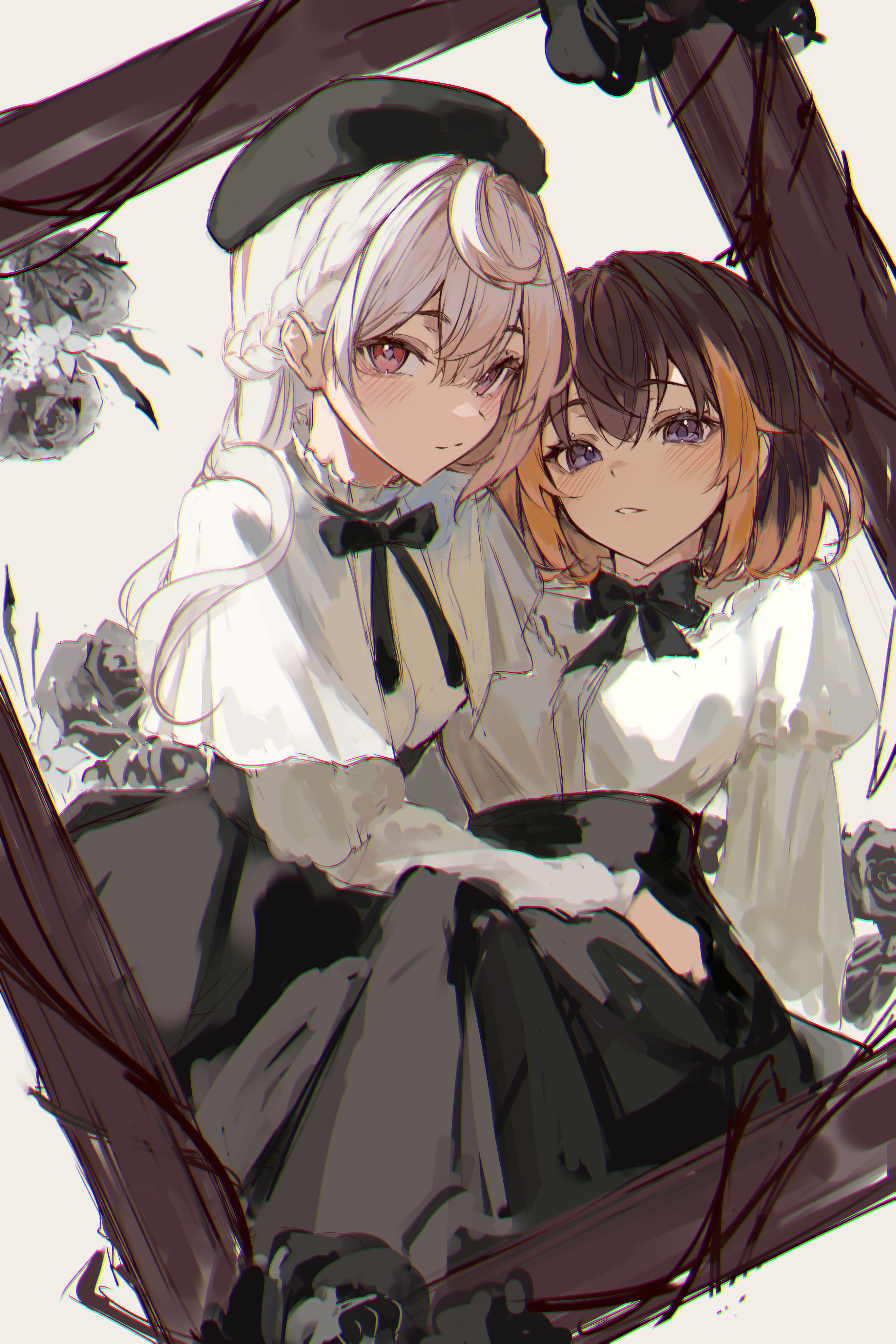 Safebooru - 2girls absurdres alternate costume black flower black hair black headwear black rose ...