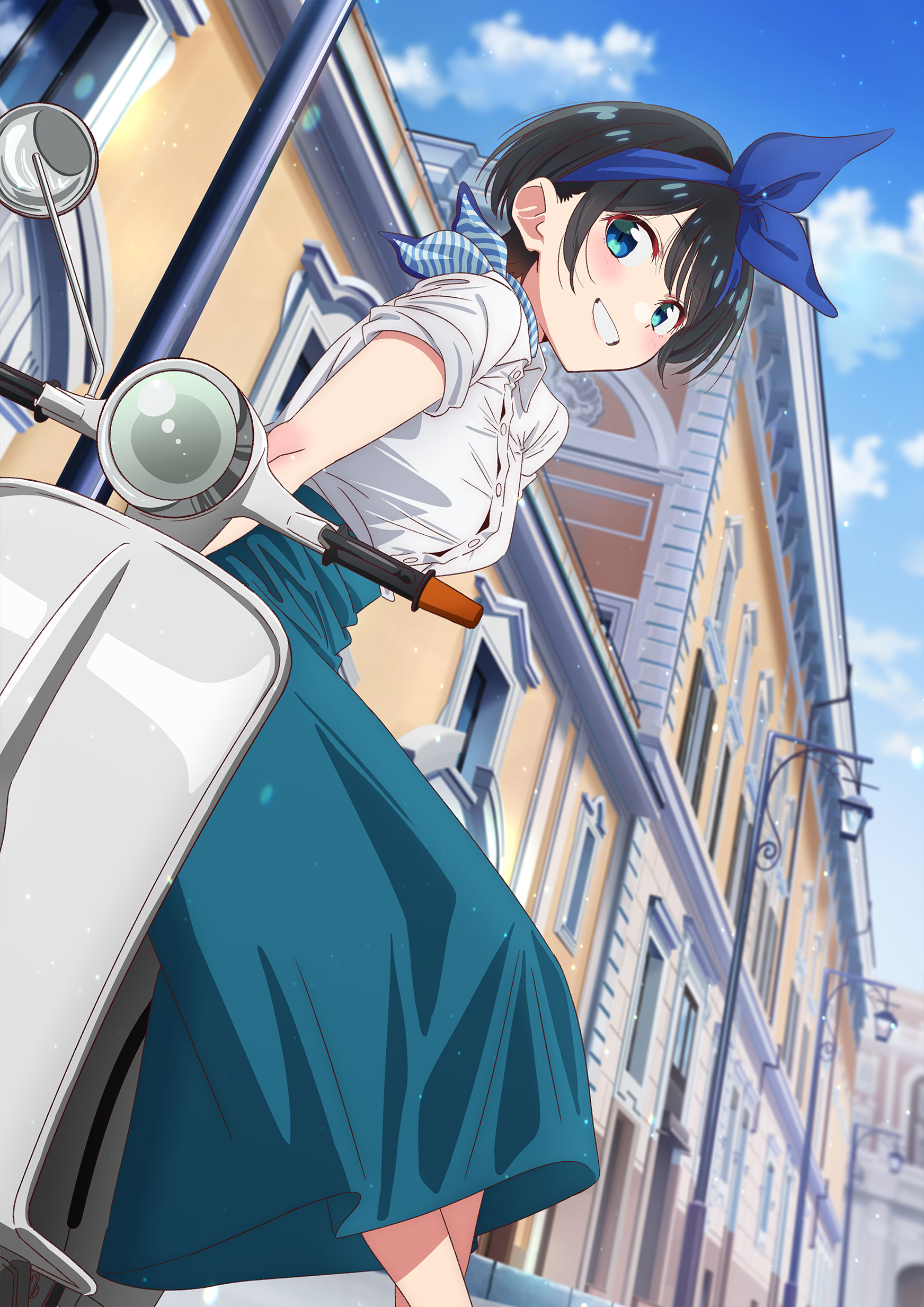 Safebooru - 1girl absurdres aqua skirt black hair blue eyes blue skirt blue sky blush bow ...