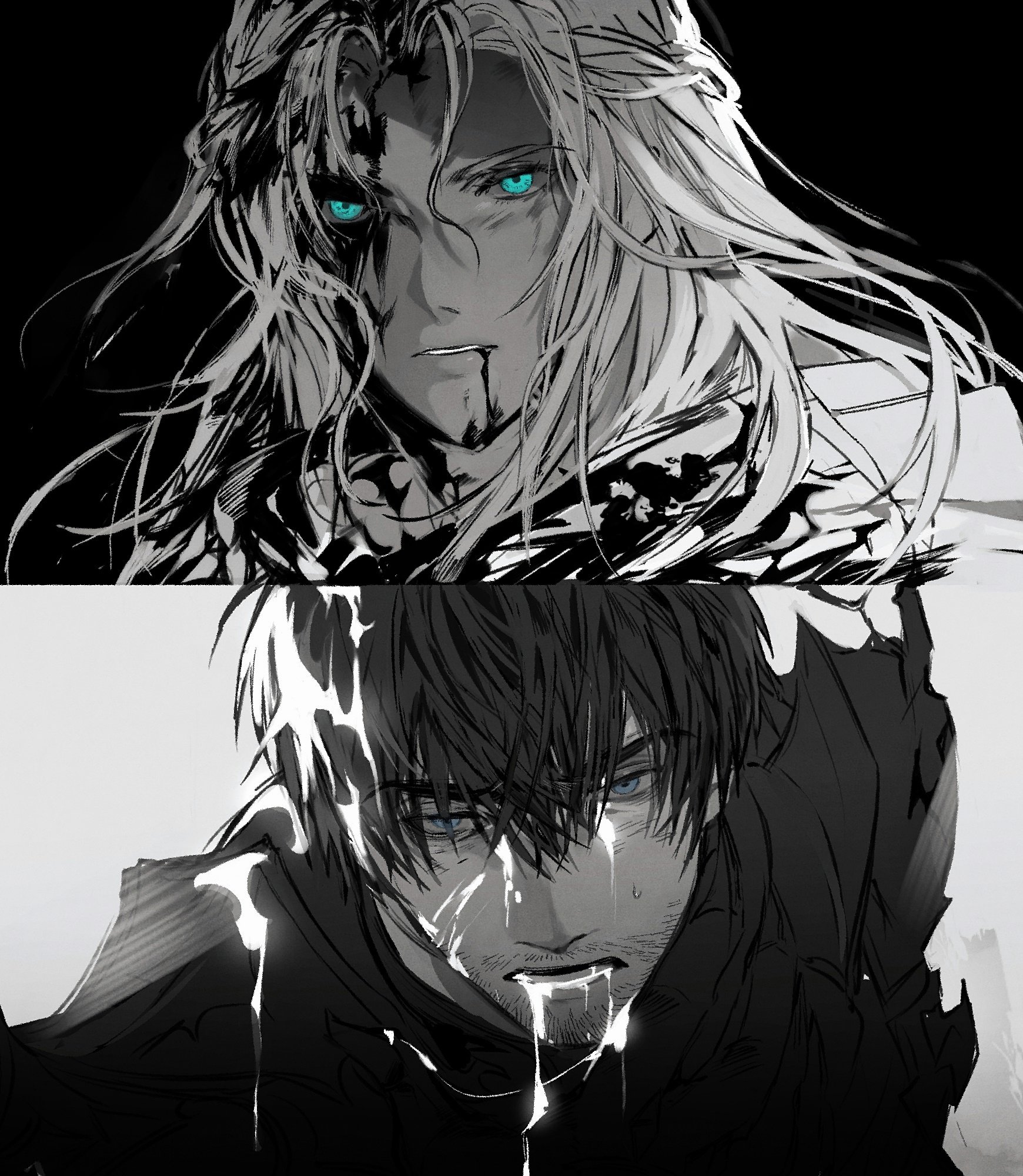 Safebooru - 1boy 1girl adventurer (ff14) armor bleeding blood blood from mouth blood on clothes ...