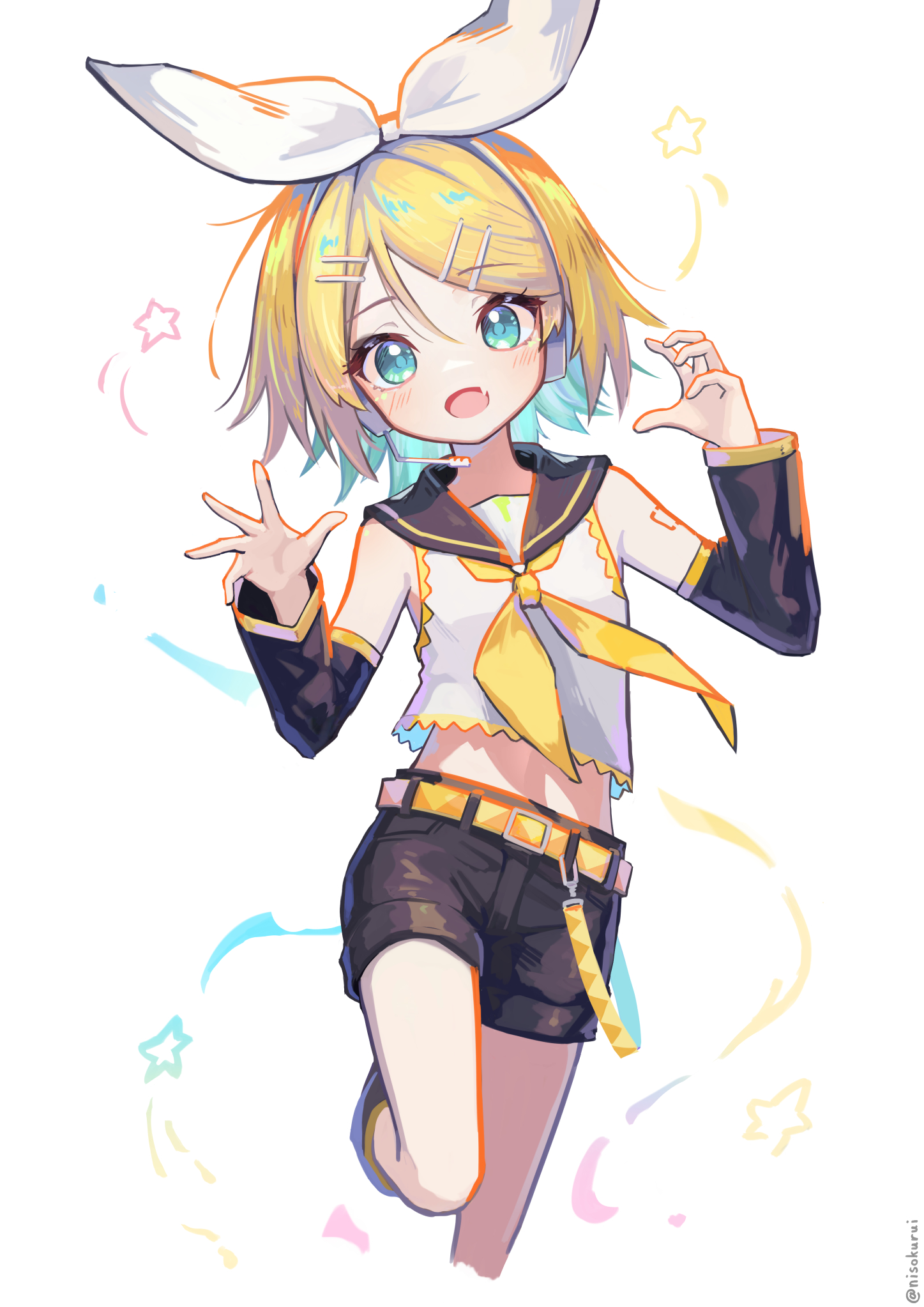 Safebooru - 1girl aqua eyes aqua hair black sailor collar black shorts blonde hair bow cropped ...