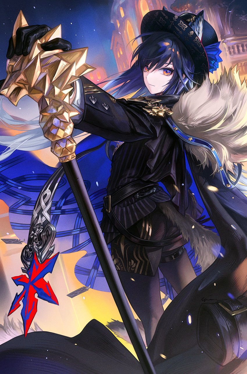 Safebooru - 1girl animal ears arknights black hair cane cape commentary ...