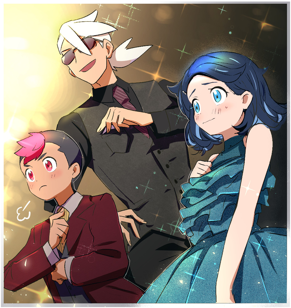 Safebooru - 1girl 2boys adjusting clothes adjusting necktie alternate costume bare arms black ...