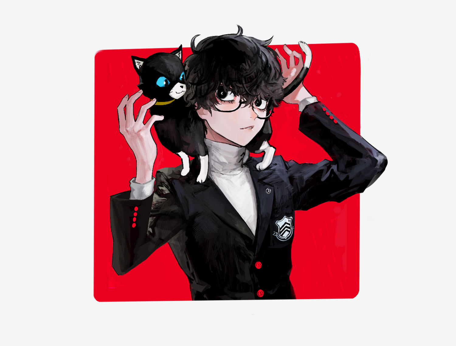 Safebooru - amamiya ren animal on shoulder black cat black eyes black hair black jacket blue ...