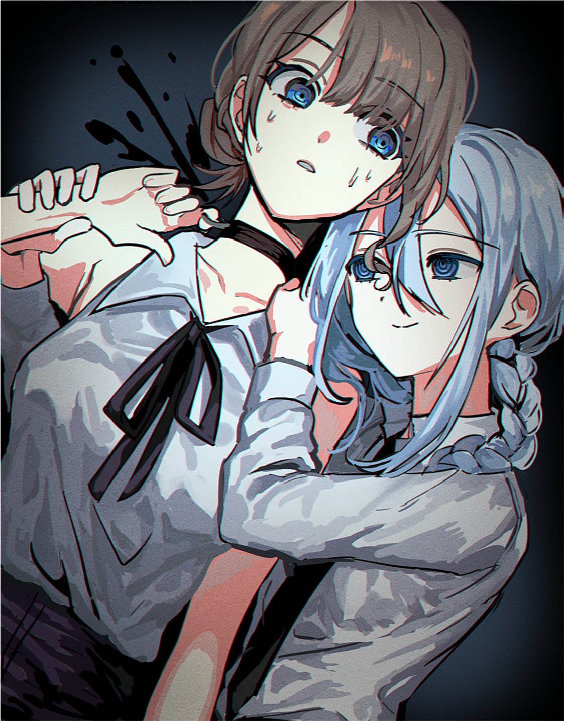 Safebooru - 1027x0210 2girls black choker black ribbon braid braided ponytail brown hair ...