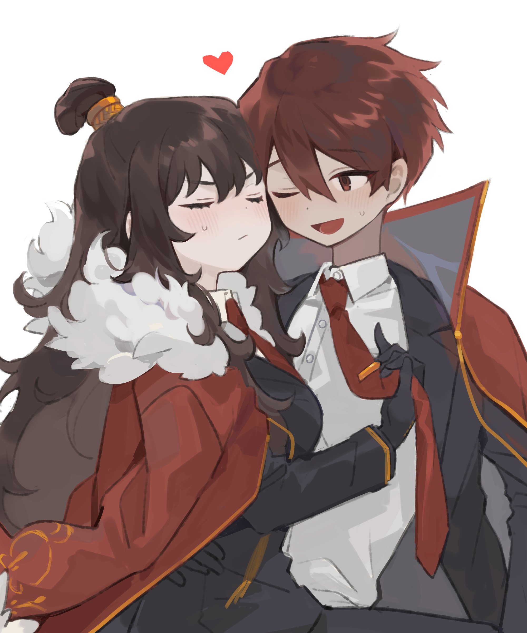 Safebooru - 1boy 1girl absurdres black jacket blush brown hair cape closed eyes closed mouth ...