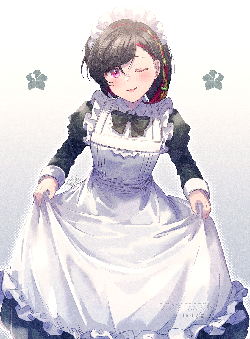 Safebooru - 1girl ;p apron black bow black dress black hair bow collared dress commission ...