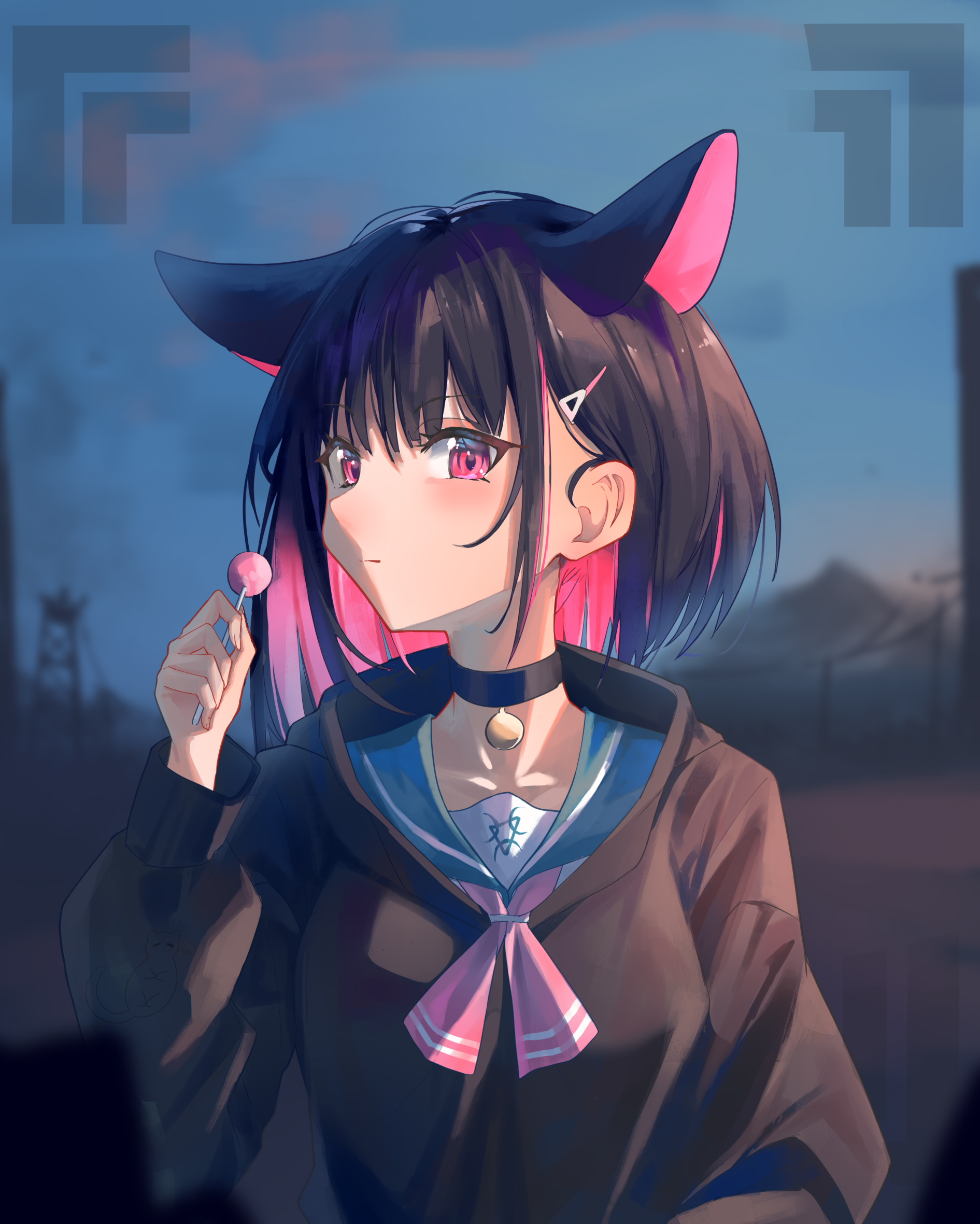 Safebooru - 1girl animal ears black choker black hair black hoodie blue archive blue sailor ...