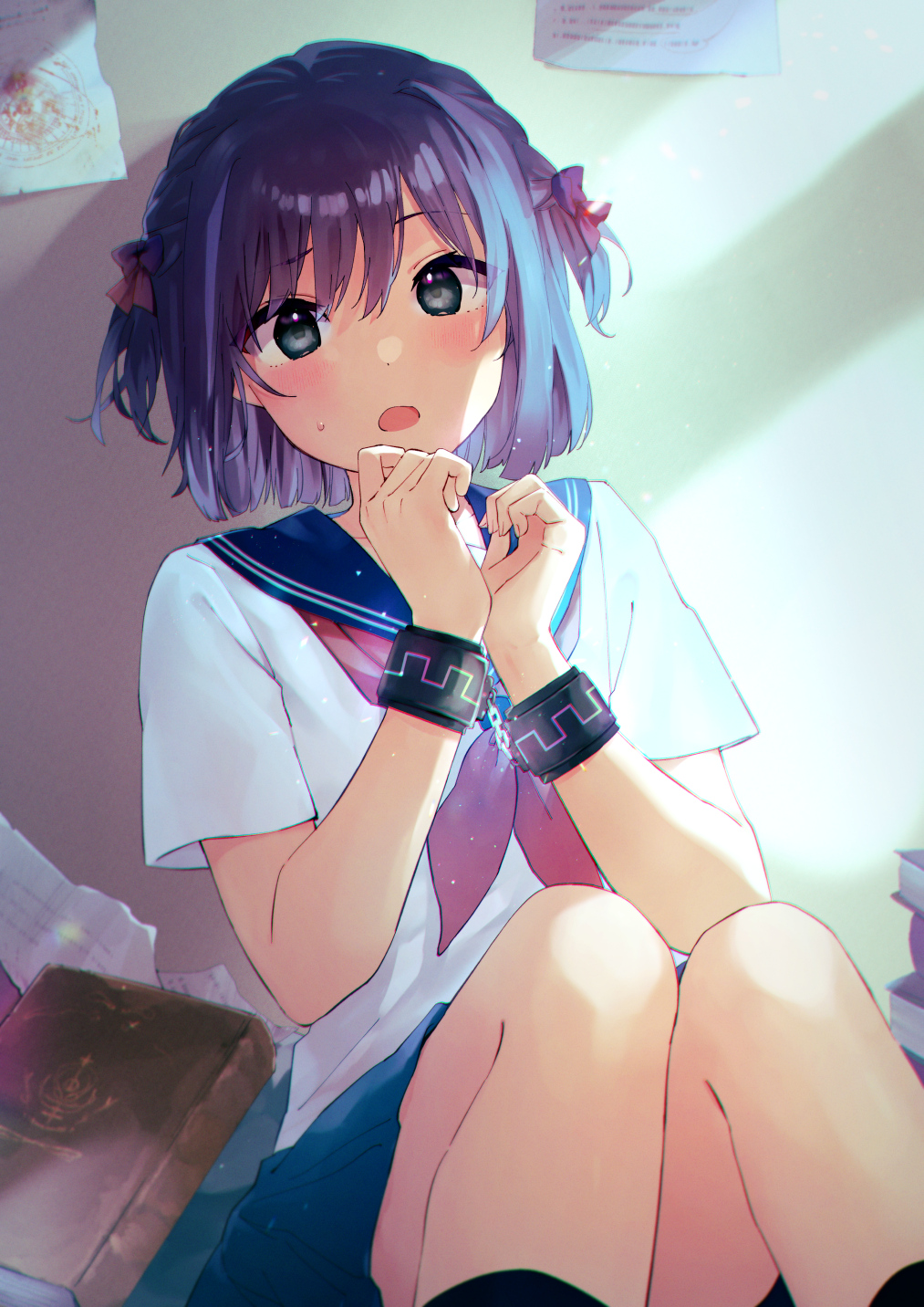 Safebooru - 1boy black eyes black socks blue sailor collar blue skirt blush book book stack bow ...