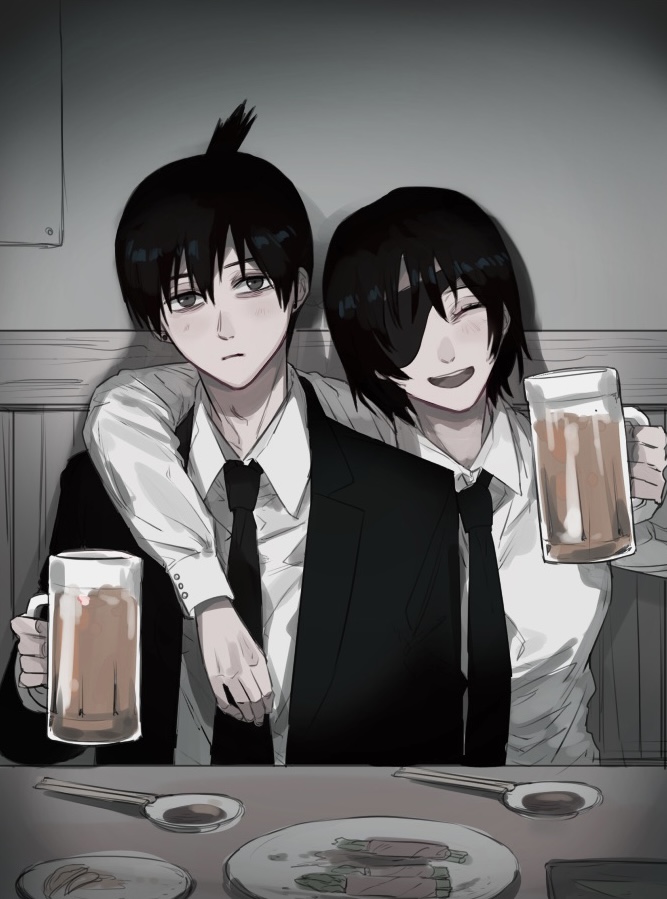 Safebooru - 1boy 1girl :d arm around neck beer mug black eyes black hair black jacket black ...