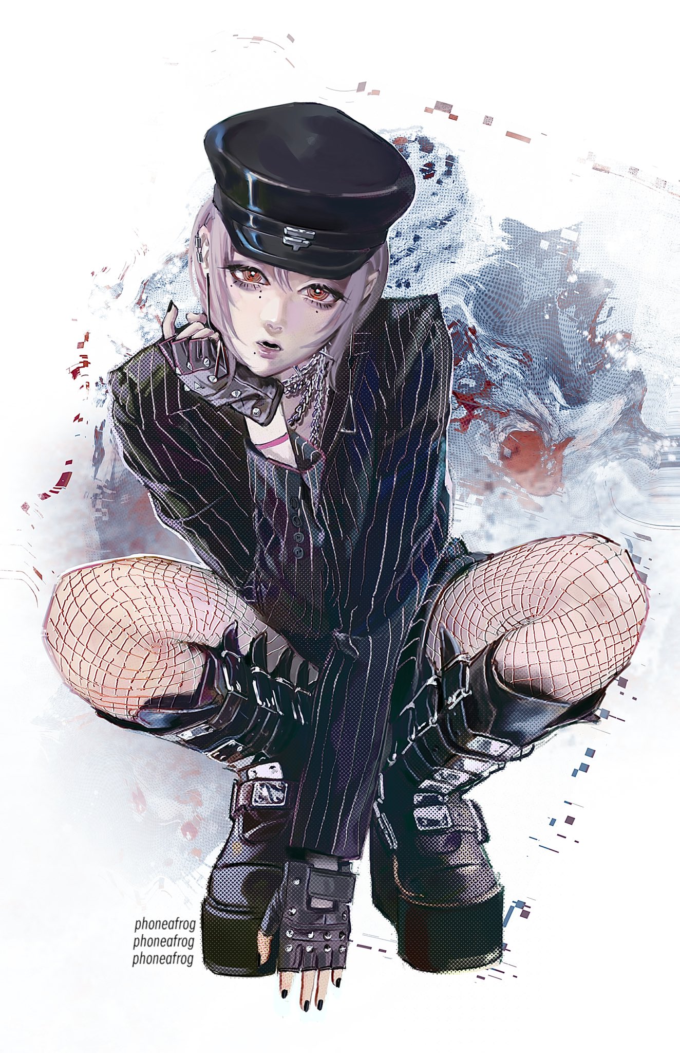 Safebooru - 1girl abstract background arm between legs black footwear black gloves black jacket ...