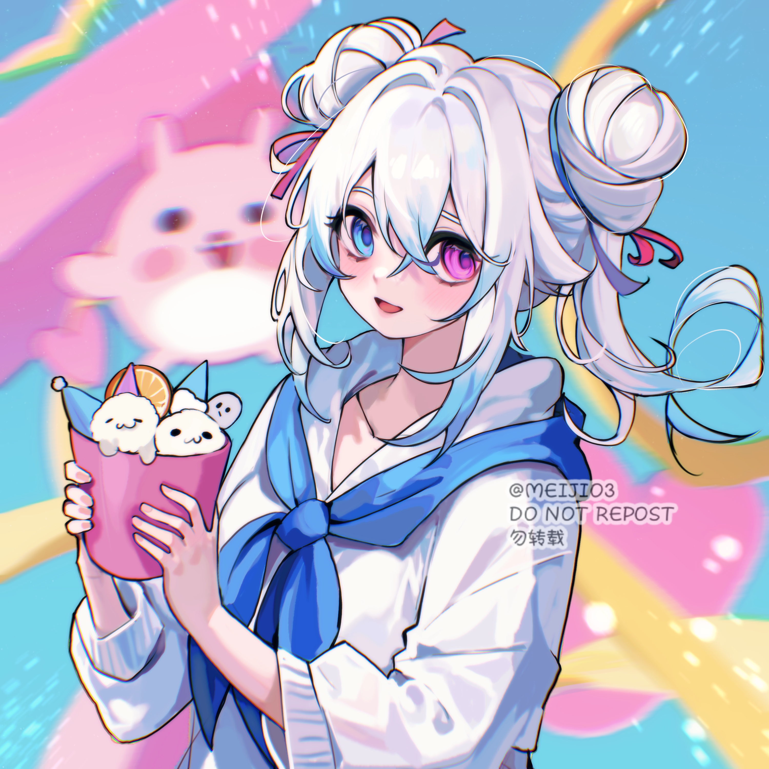 Safebooru - 1girl :d absurdres artist name blue eyes blue hair blue neckerchief blue ribbon ...