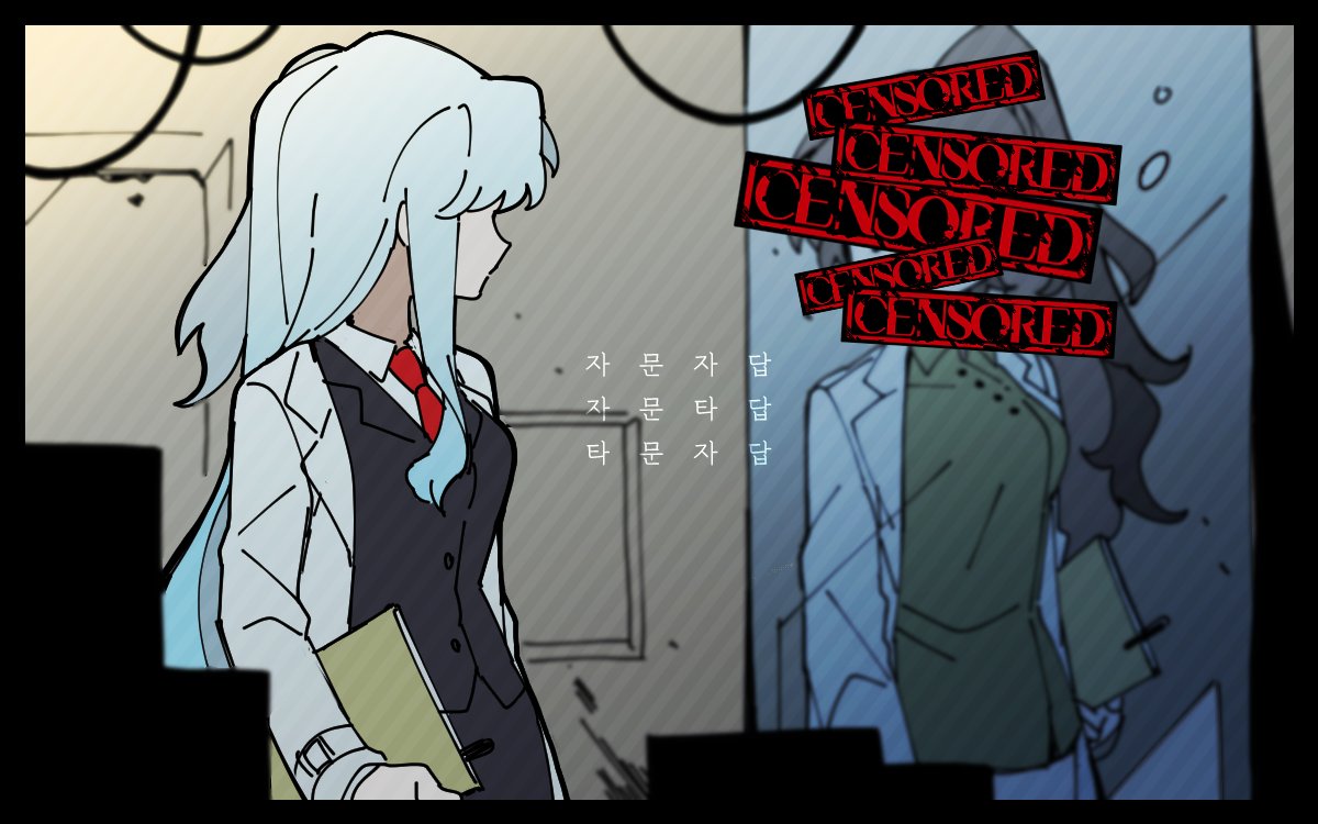 Safebooru - 1girl angela (project moon) black jacket black skirt blue hair brown hair carmen ...