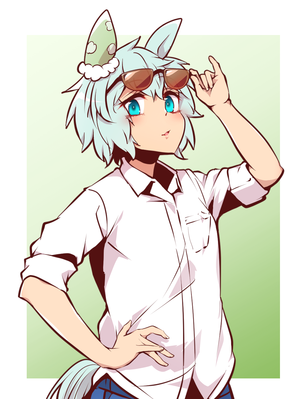 Safebooru - 1girl adjusting eyewear alternate uniform animal ears aqua eyes commentary ear ...