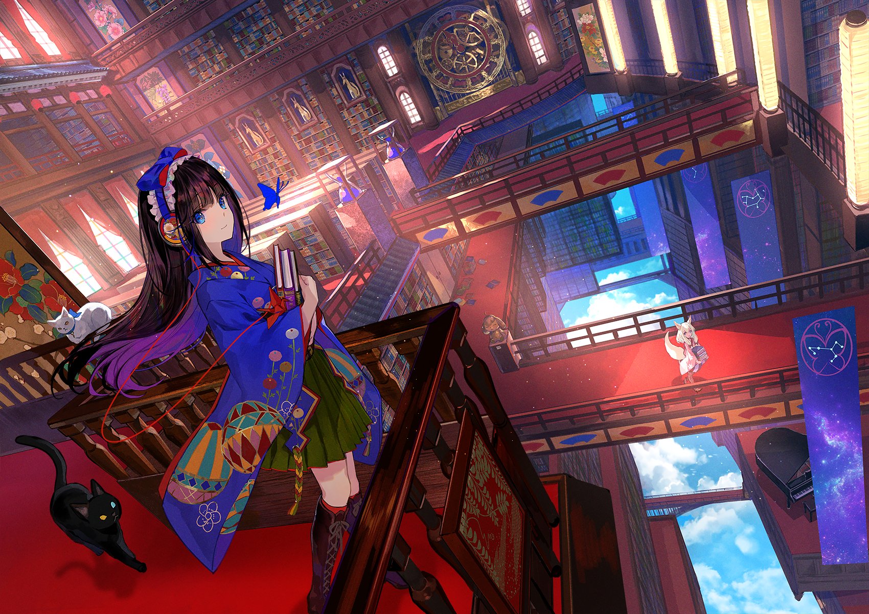 Safebooru - 1girl 2girls black hair blue eyes blue hairband blue kimono blunt bangs book book ...
