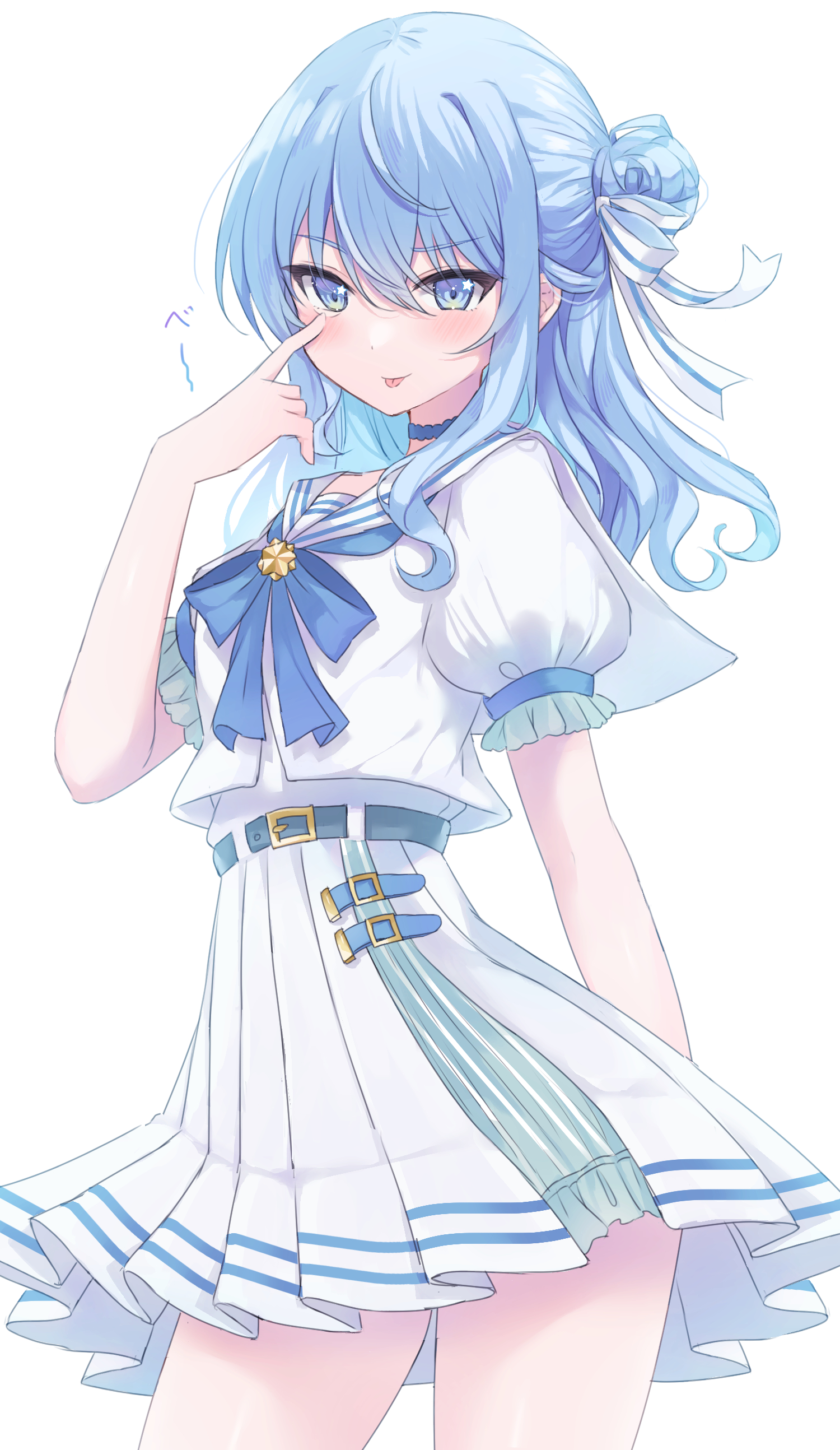 Safebooru - 1girl :p absurdres akanbe arched back arm behind back belt blue belt blue bow blue ...