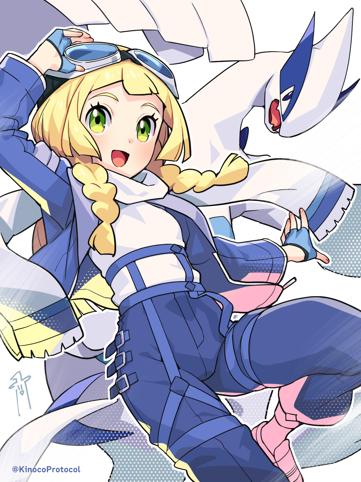 Safebooru - 1girl :d adjusting goggles arm up blonde hair blue jacket blue pants braid ...