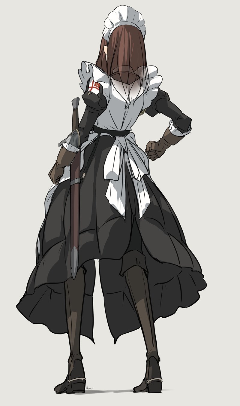 Safebooru - 1girl apron asterisk kome boots from behind gina wallace gloves grey background ...