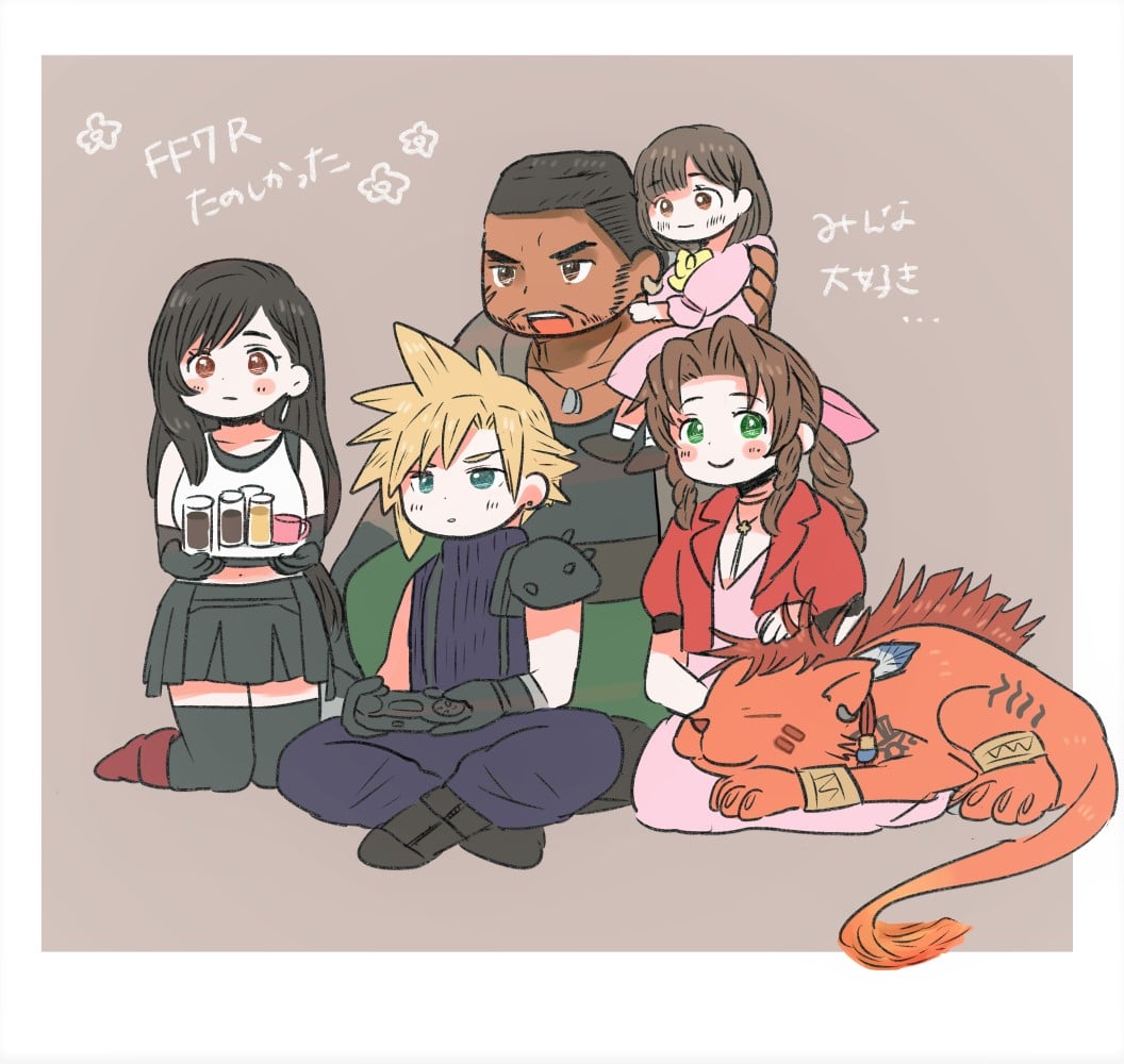 Safebooru - 3boys 3girls aerith gainsborough animal armor bare shoulders barret wallace beard ...