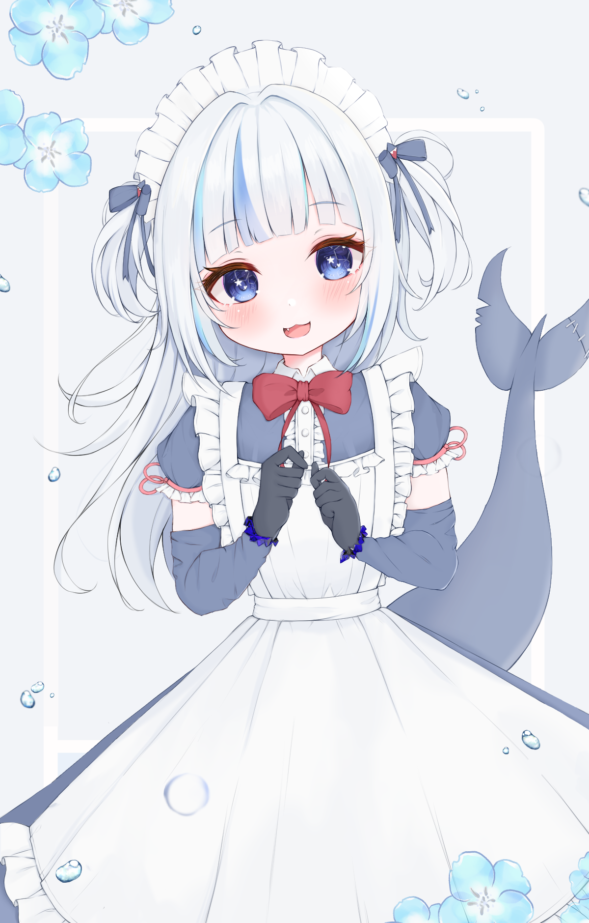 Safebooru - 1girl :d alternate costume apron black gloves blue dress blue eyes blue hair blush ...