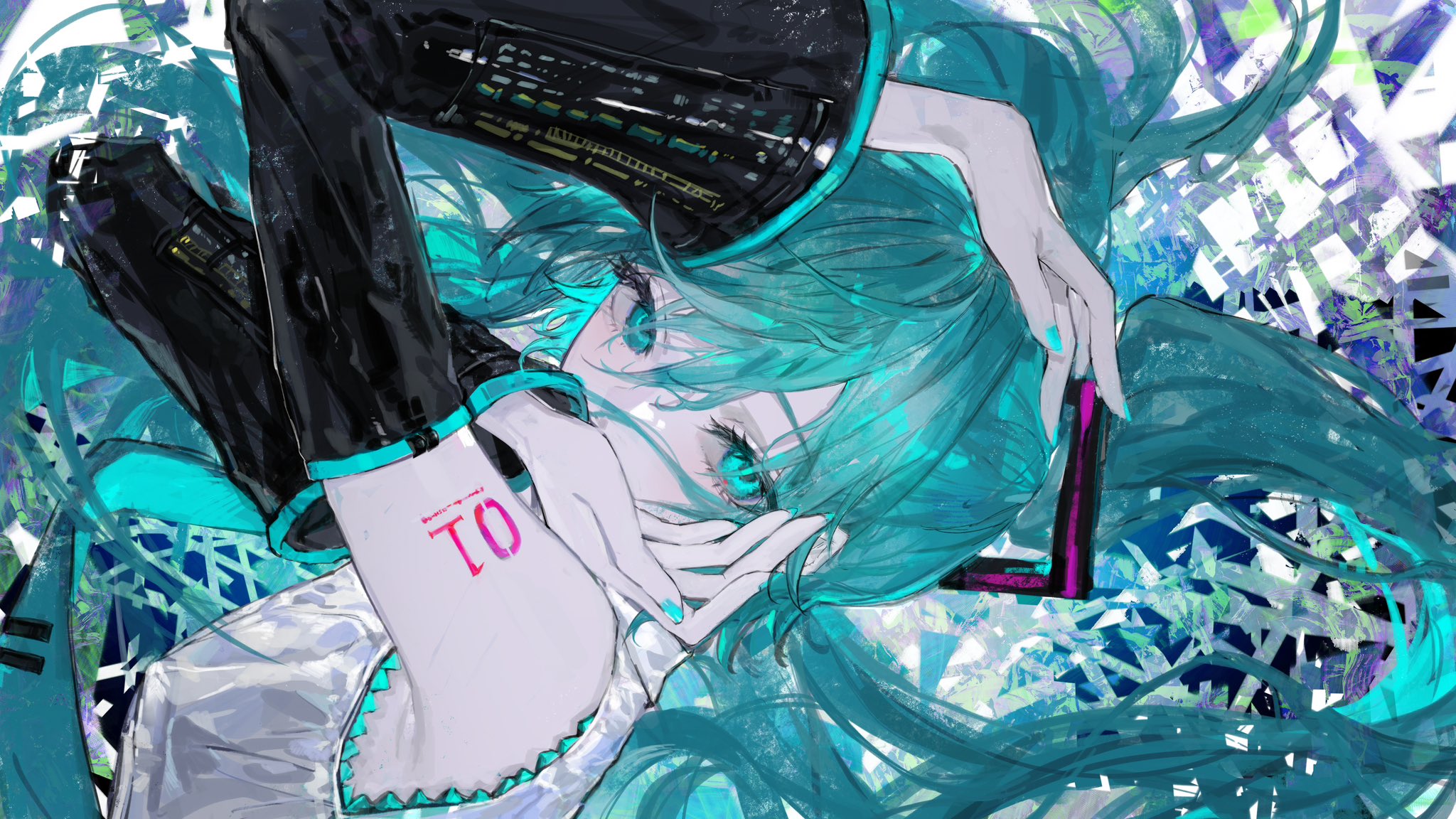 Safebooru - 1girl aqua eyes aqua hair aqua nails aqua necktie arm tattoo black wrist cuffs ...