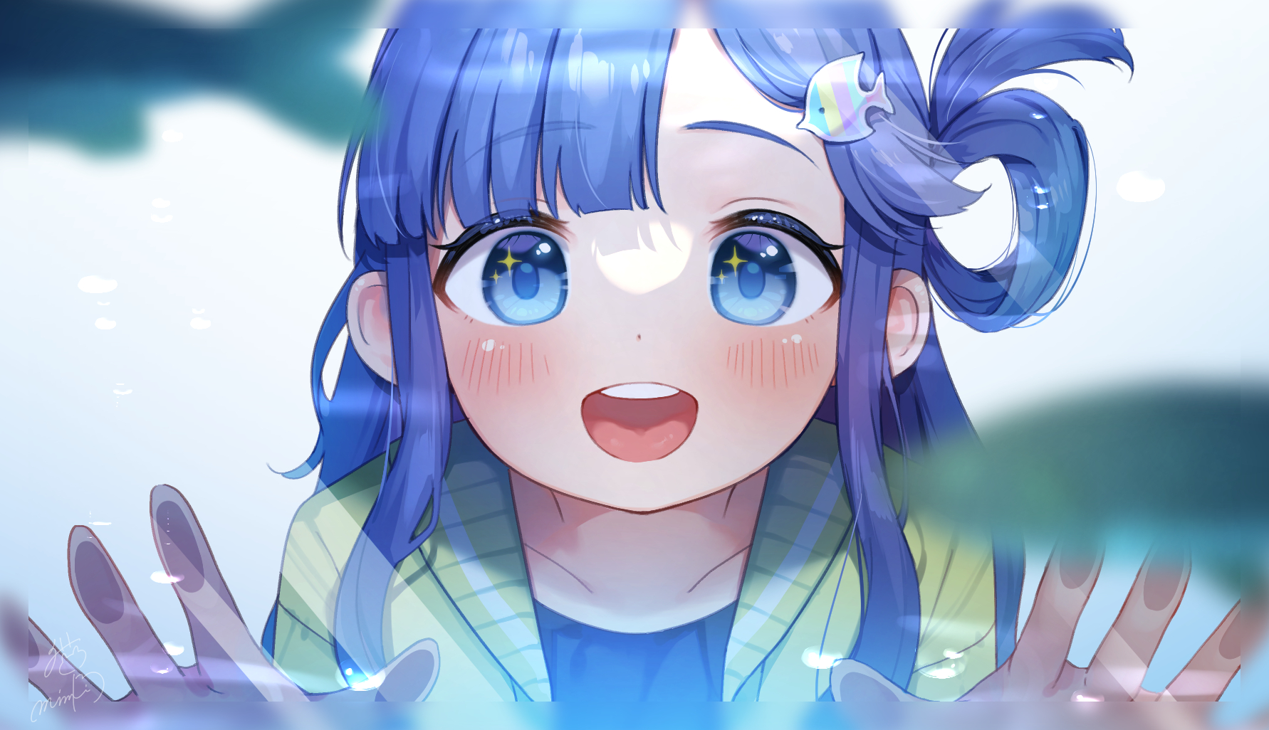 Safebooru - 1girl against glass aquarium asari nanami blue eyes blue hair blush close-up fish ...