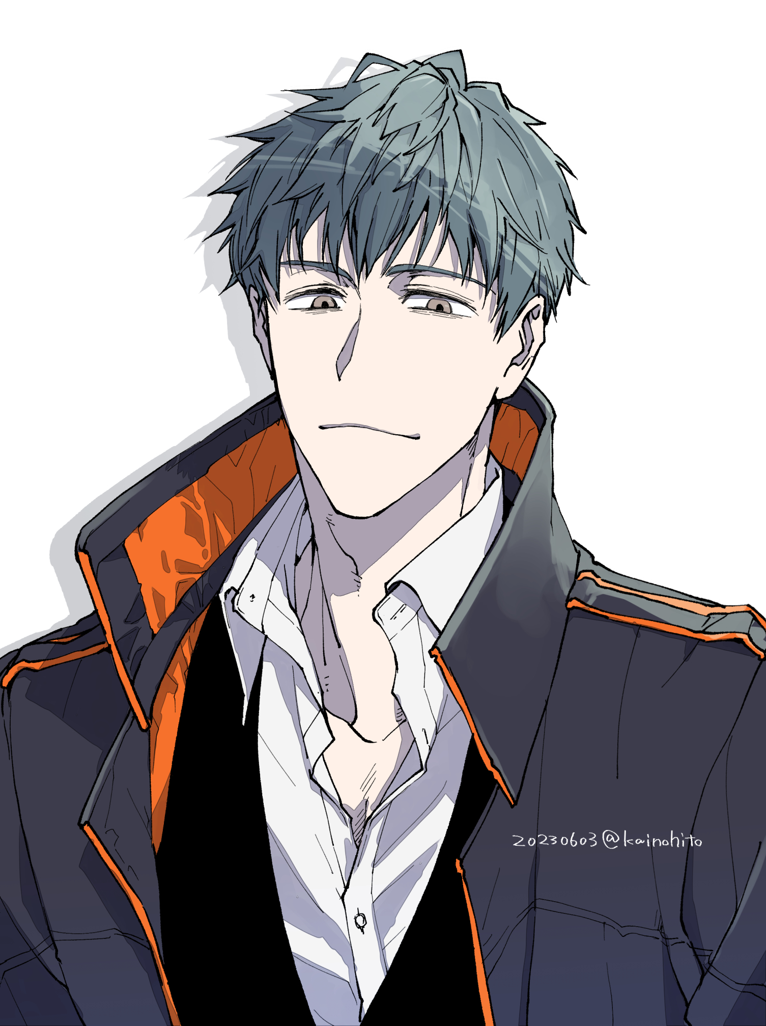 Safebooru - 1boy black suit blue hair blue jacket collarbone collared coat collared shirt dated ...