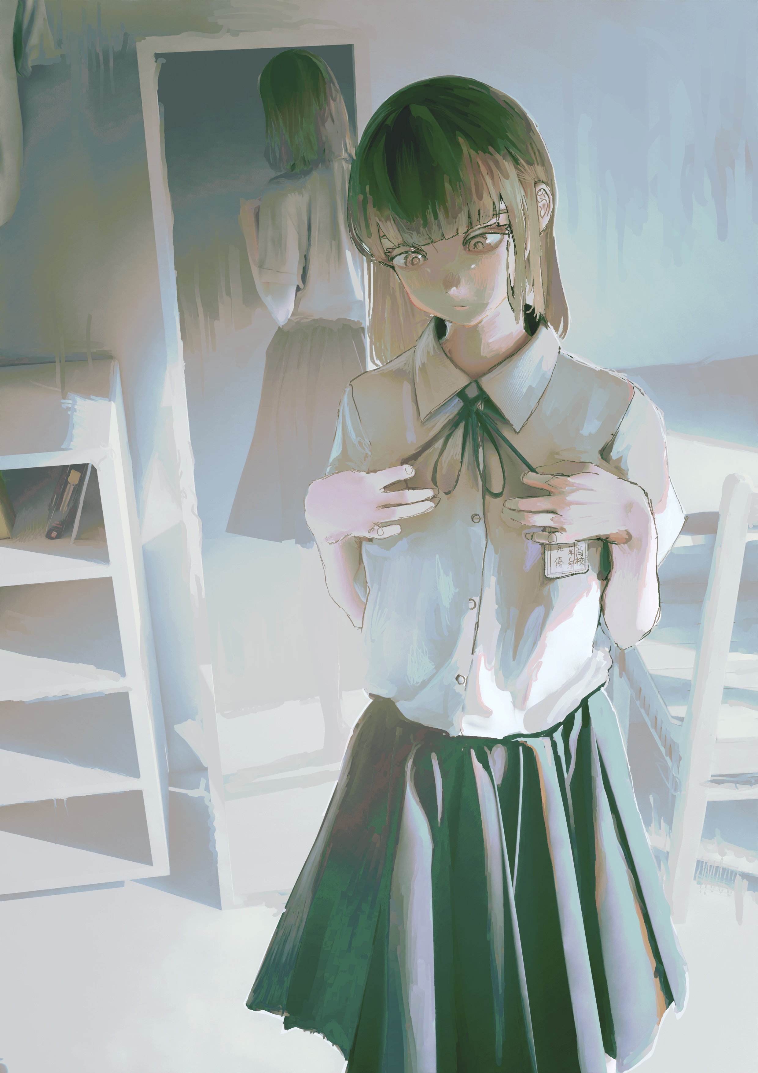 Safebooru - 1girl absurdres black hair black skirt blunt bangs bookshelf chair closed mouth ...