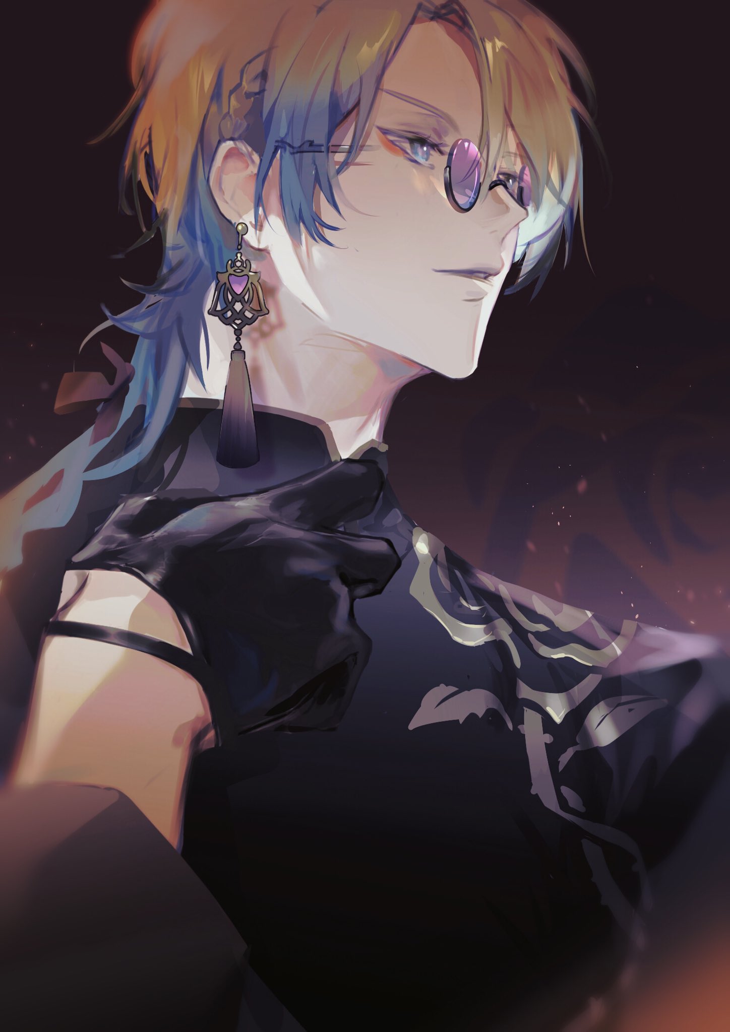 Safebooru - 1boy bespectacled black gloves blonde hair blue eyes blue hair blue lock earrings ...