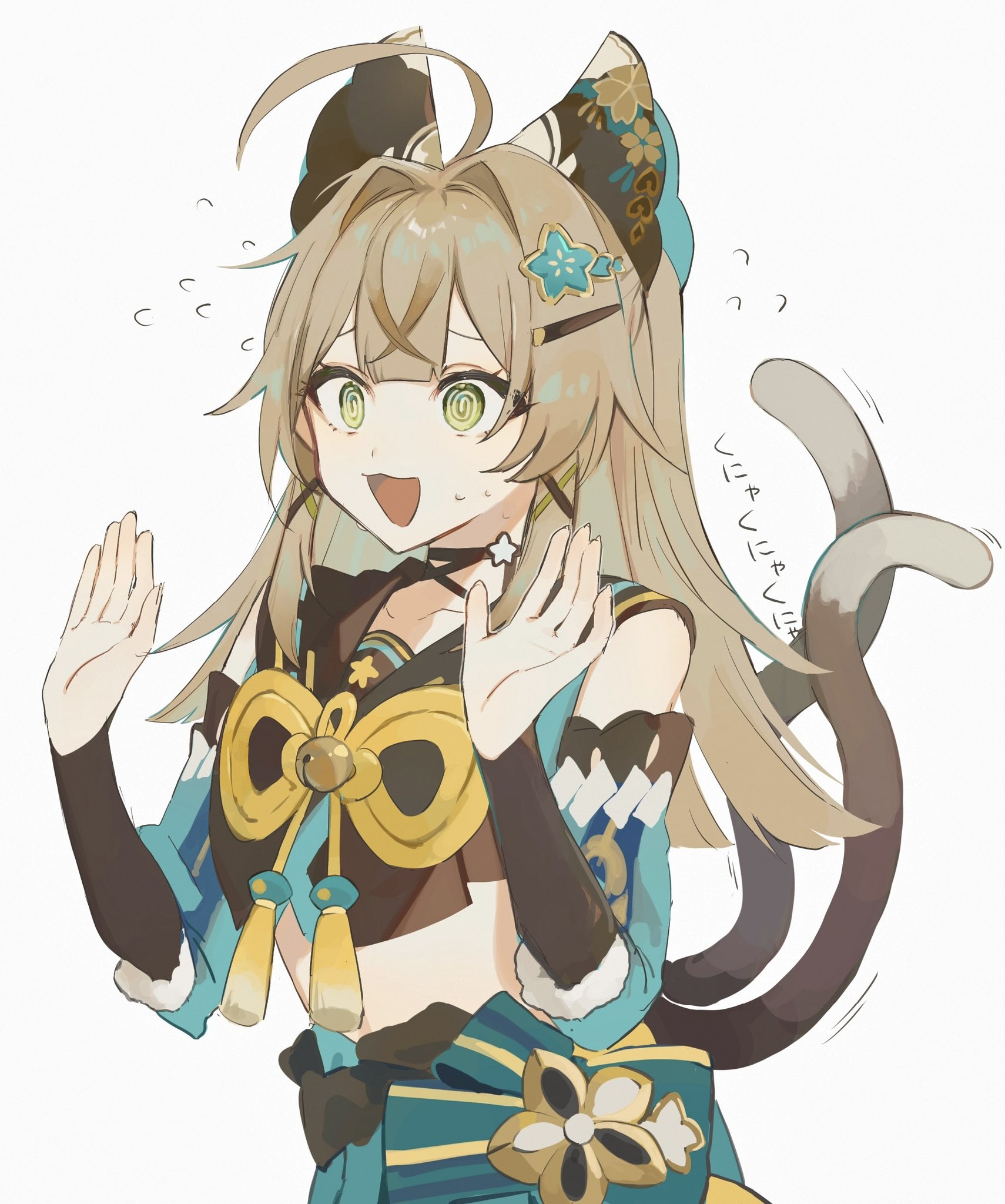 Safebooru - 1girl @ @ ahoge bare shoulders blue skirt blush bow brown bow brown choker brown ...