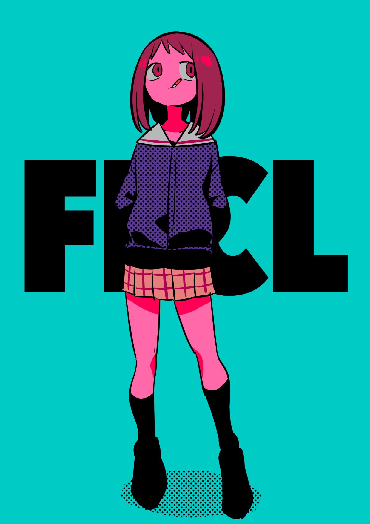 Safebooru - 1girl aqua background arms behind back black socks brown eyes brown hair cigarette ...