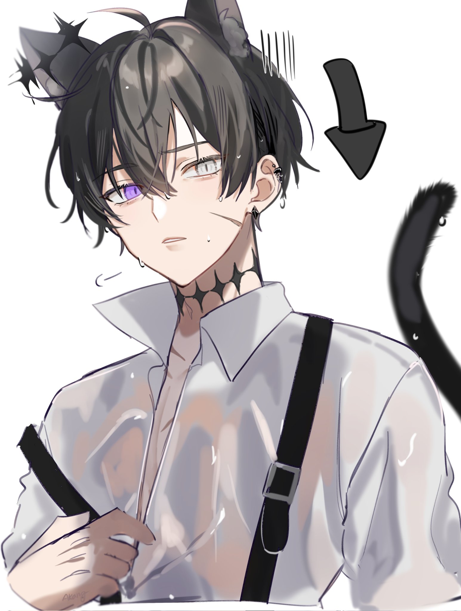 Safebooru - 1boy a20190422 animal ears arrow (symbol) black hair cat boy cat ears cat tail ...