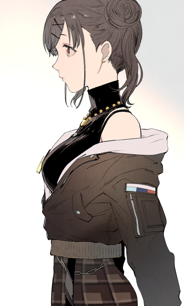 Safebooru - 1girl bare shoulders black shirt breasts brown hair brown jacket brown skirt chain ...