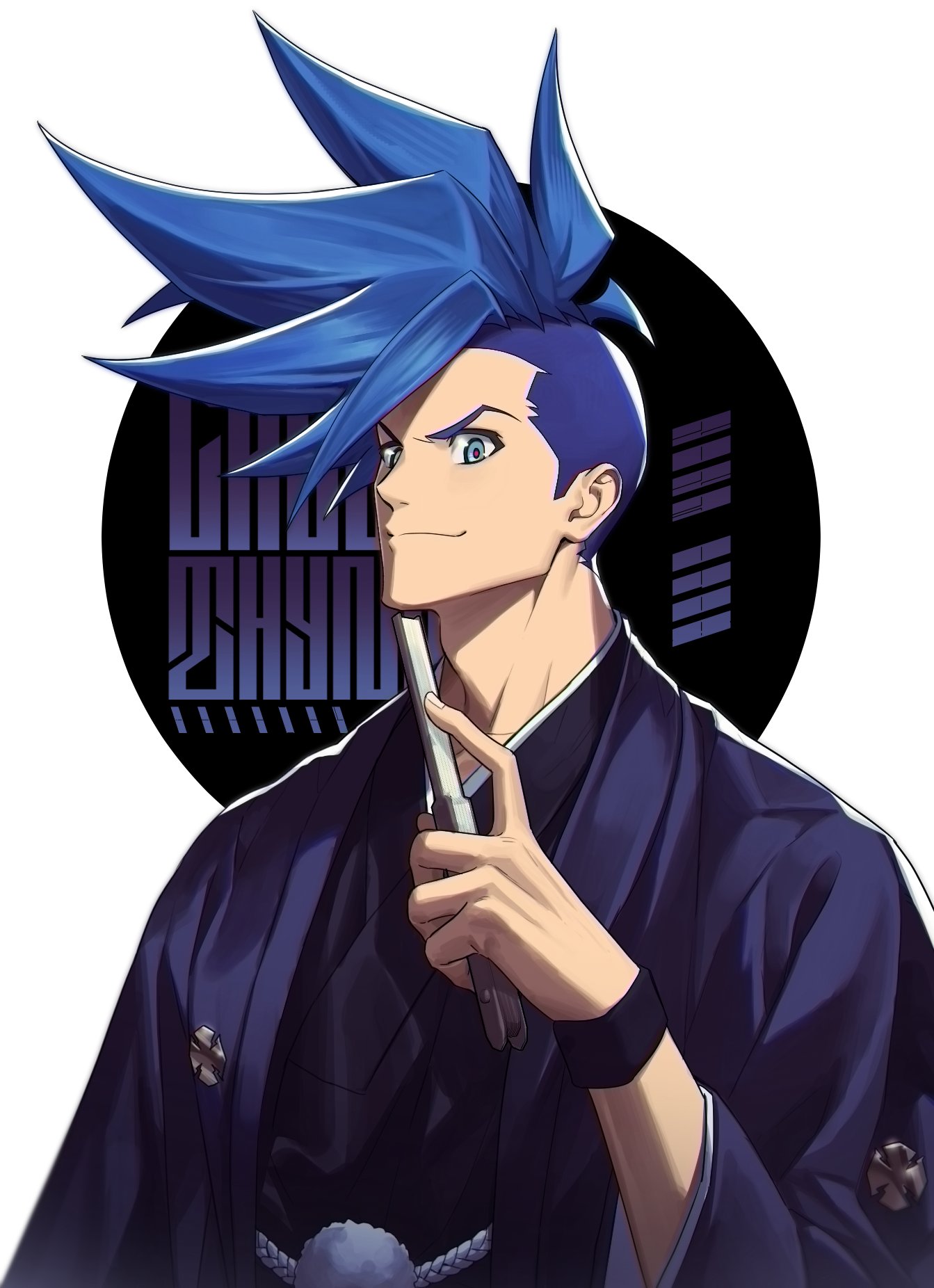 Safebooru - 1boy black kimono blue eyes blue hair gaeag prma galo ...